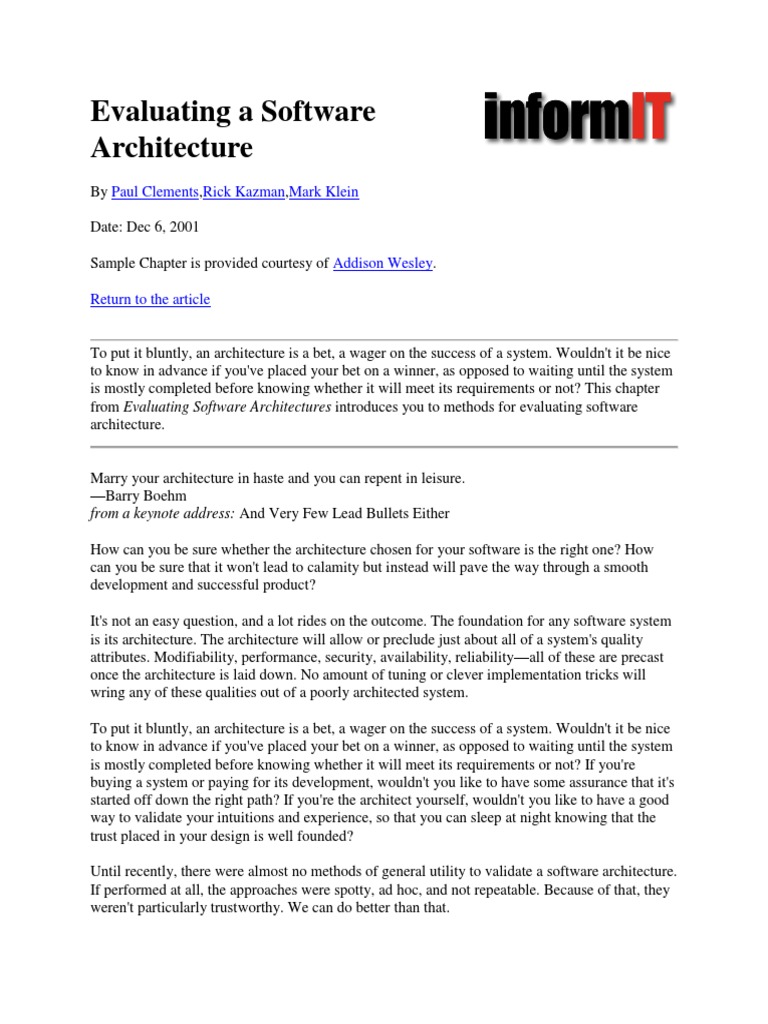 Paul Clements Evaluating A Software Architecture | PDF | Software Architecture | Usability