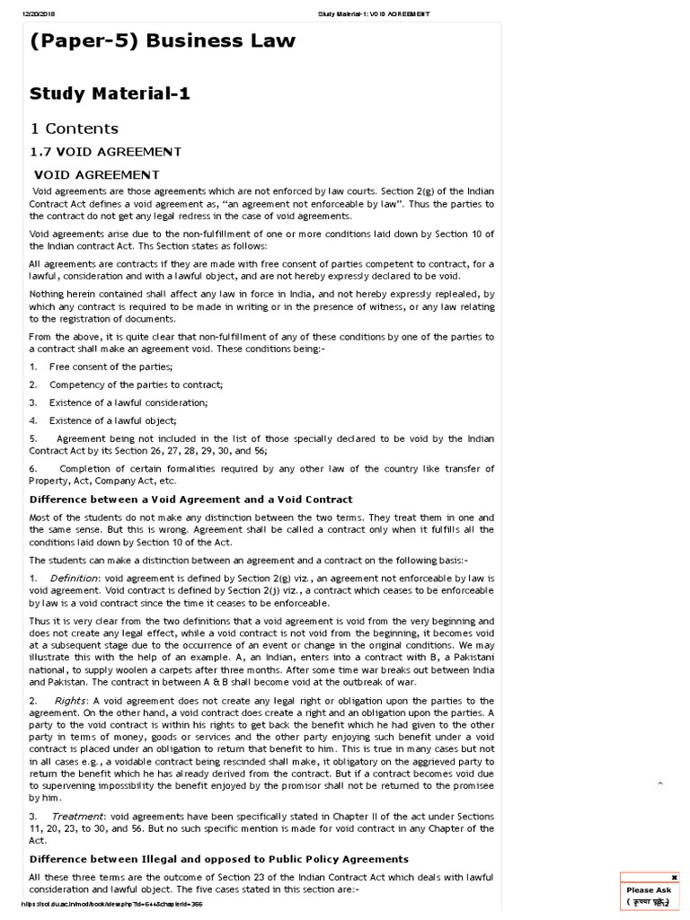 Study Material 1 Void Agreement Pdf Restraint Of Trade Insurance
