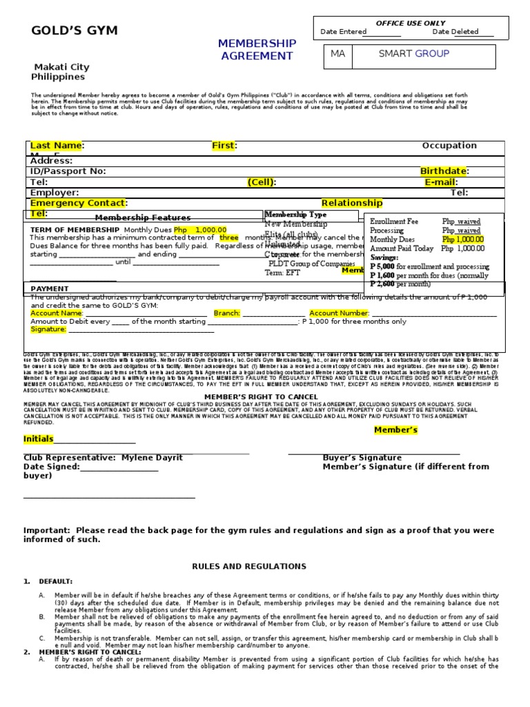 Sample Gold's Membership Form 2 | PDF | Debit Card | Contractual Term