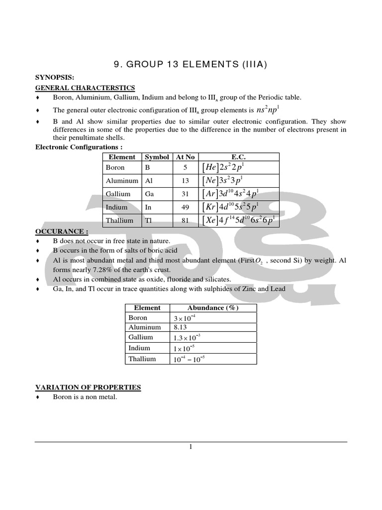 Group 13 Elements (Iiia) : Synopsis | PDF | Boron | Hydrogen