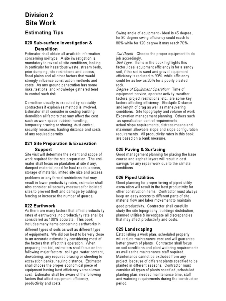 Division 2 Site Work Estimating Tips | Download Free PDF | Demolition | Loader (Equipment)