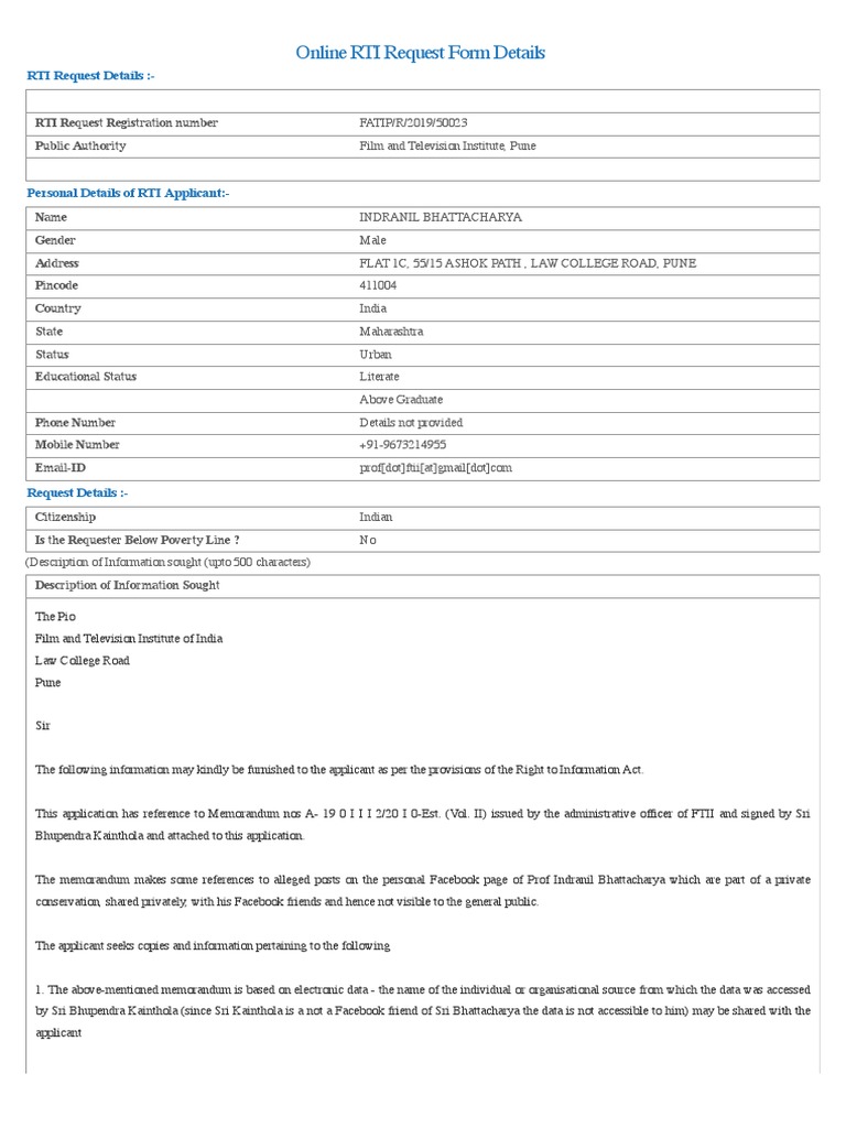Online RTI Request Form Details | PDF | Facebook | Public Sphere