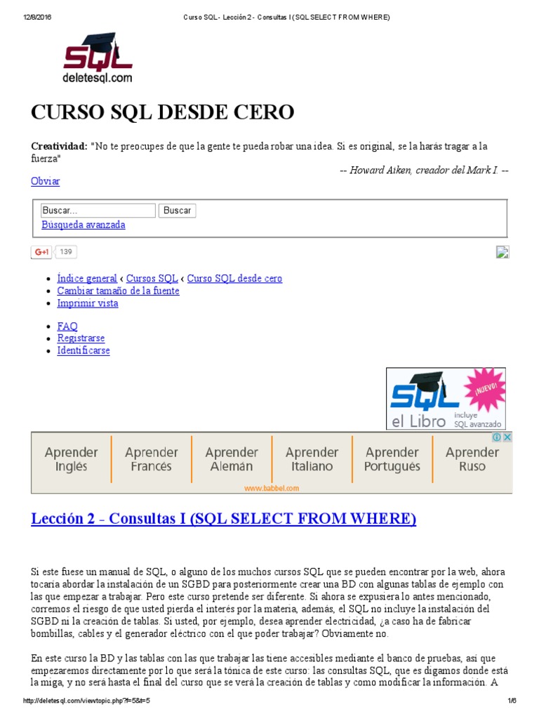 Curso SQL Desde Cero PDF | PDF | SQL | Tabla (base de datos)