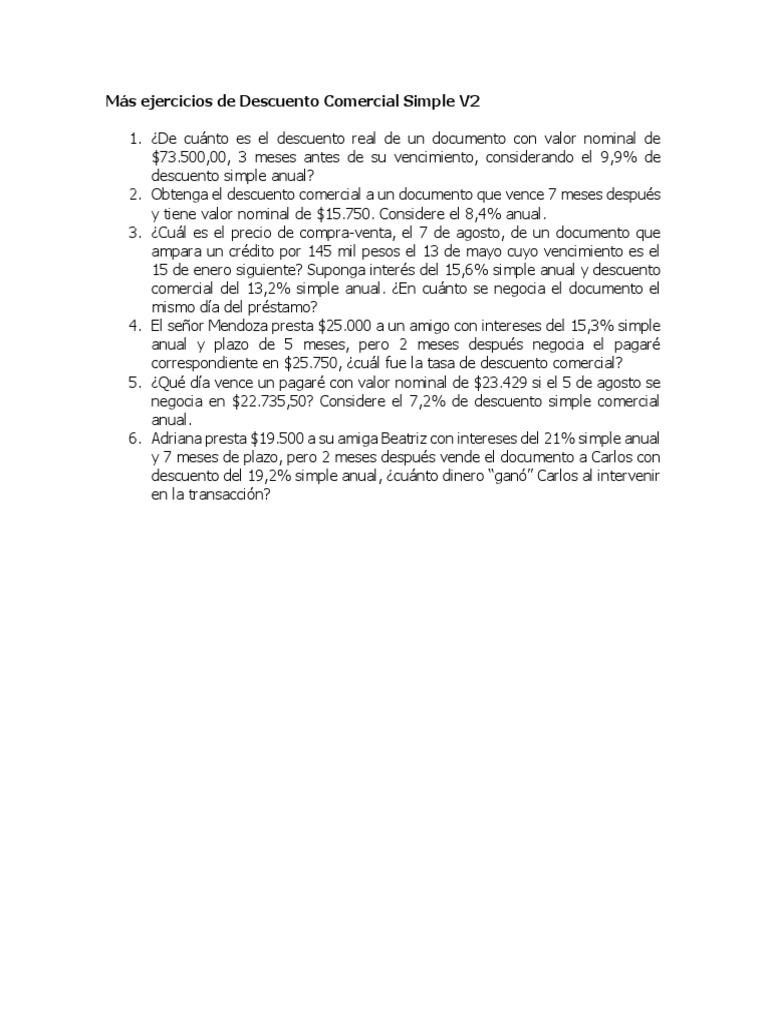 Más Ejercicios de Descuento Comercial Simple V2 | PDF