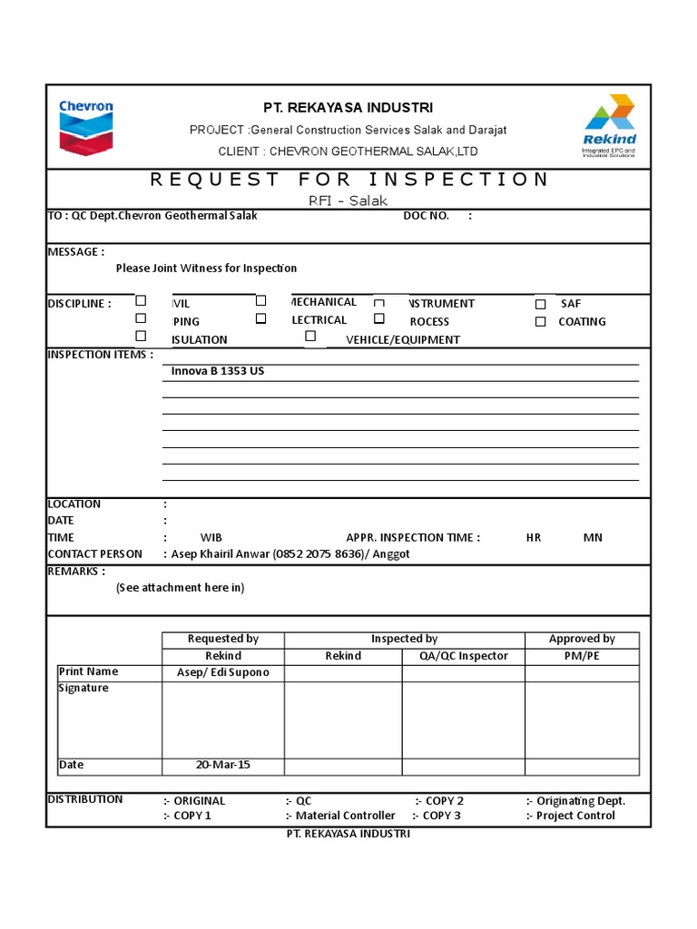 Request For Inspection: Pt. Rekayasa Industri | PDF | Economic Sectors ...