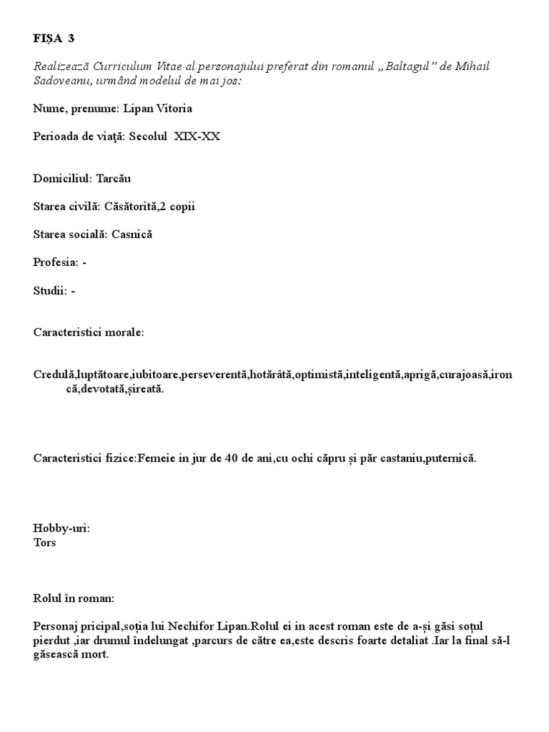 Fisa de Lucru La Romanul Baltagul | PDF