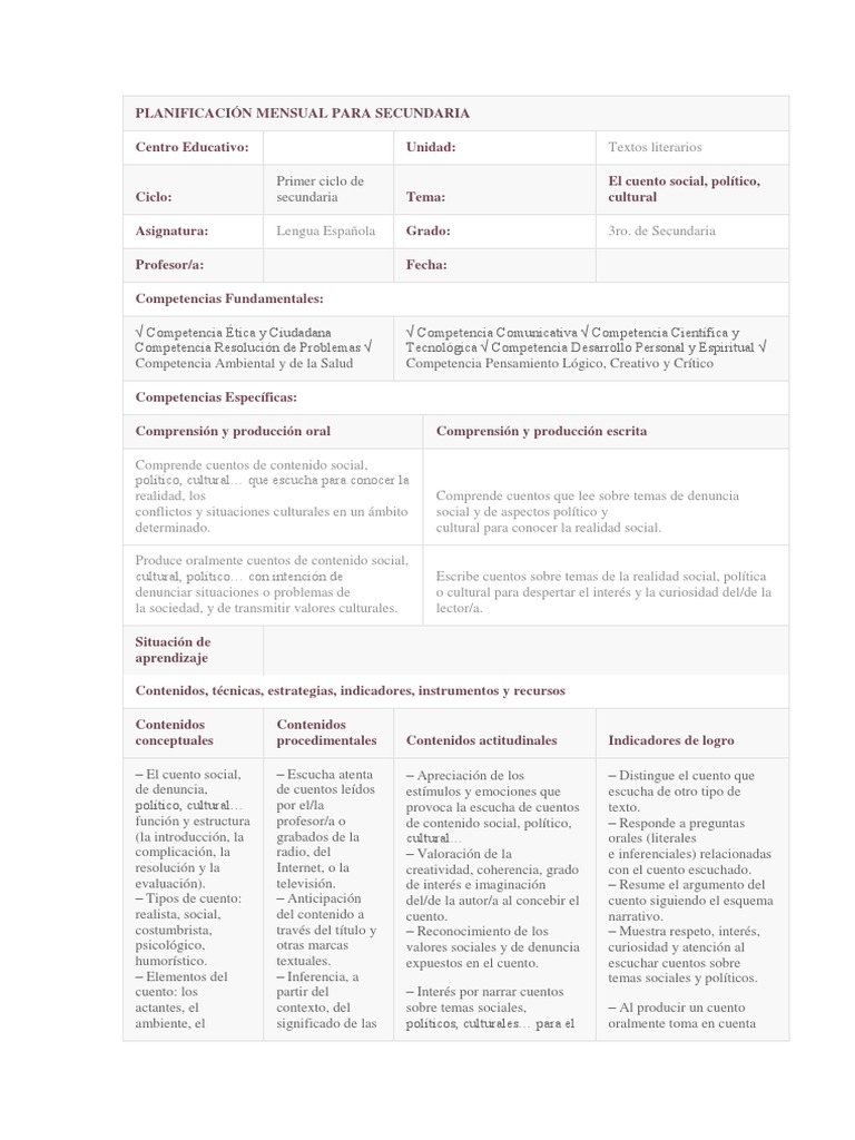 Planificasion Sobre El Cuento Social Politico y Cultural | PDF ...