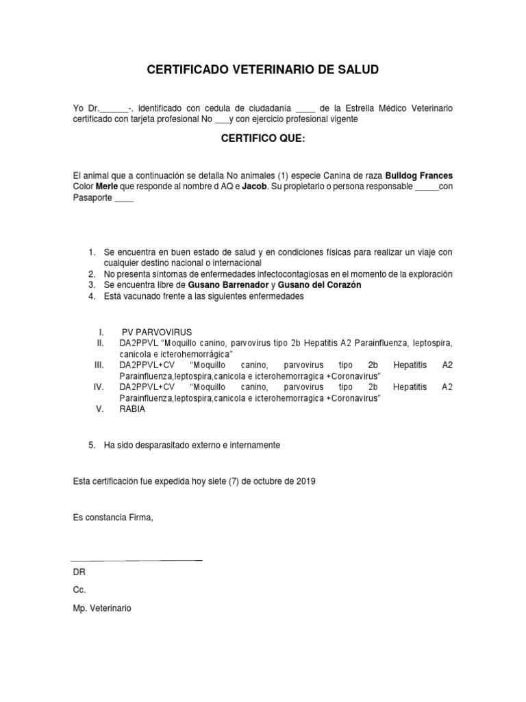 Certificado Veterinario de Salud | PDF Certificado Veterinario de Salud | PDF