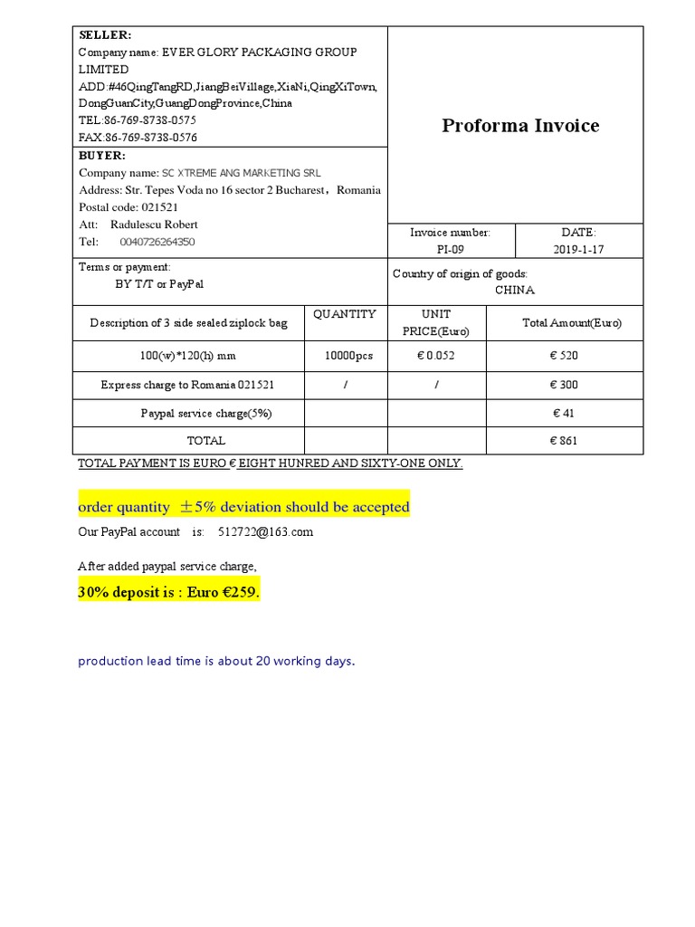 Proposed Invoice and Payment Terms for 10000 Pieces of 3 Side Sealed ...
