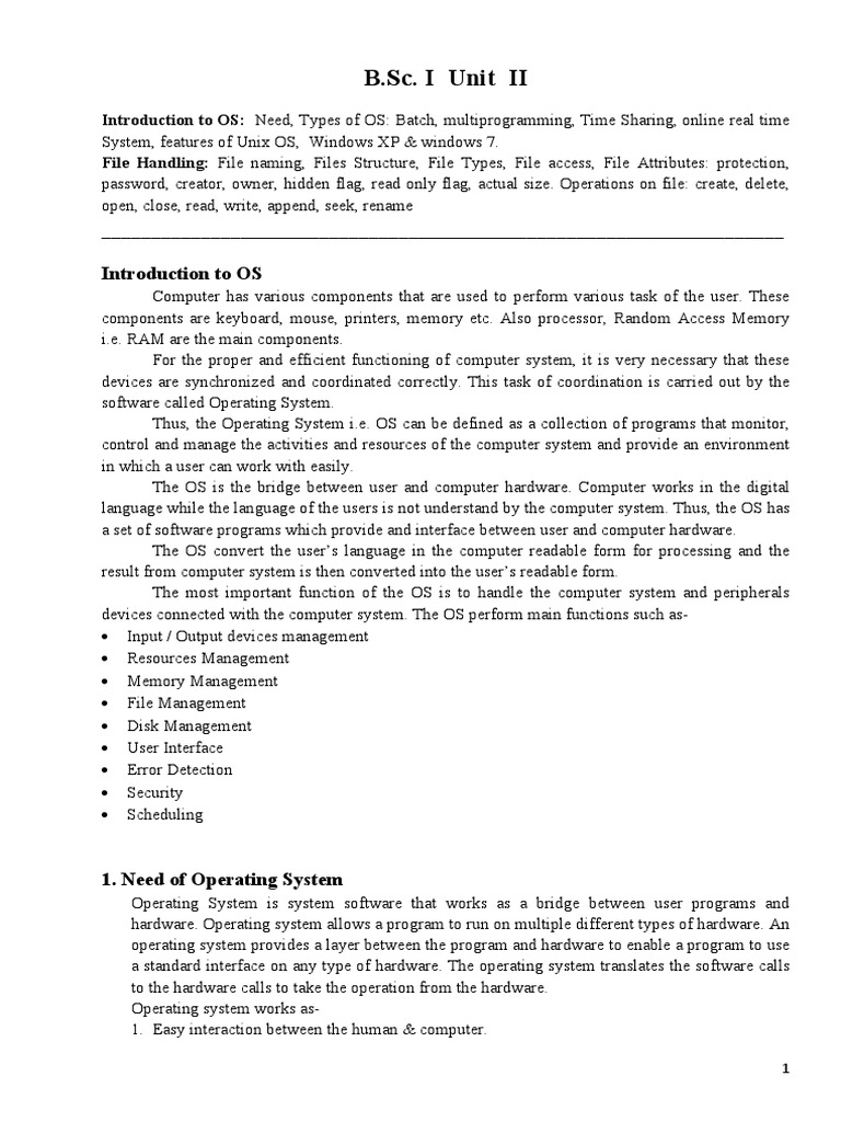 B.Sc. I Unit II: - Introduction To OS | PDF | Operating System ...