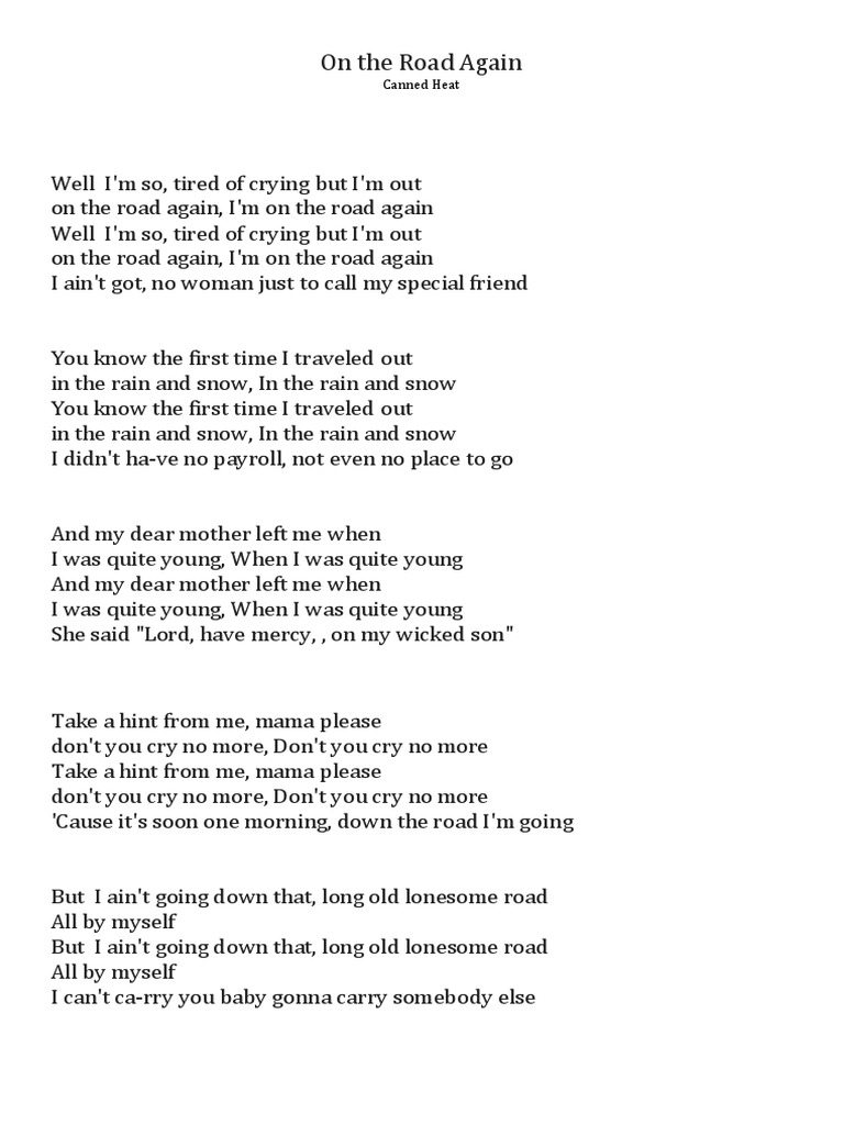 Canned Heat's "On the Road Again" Lyrics | PDF