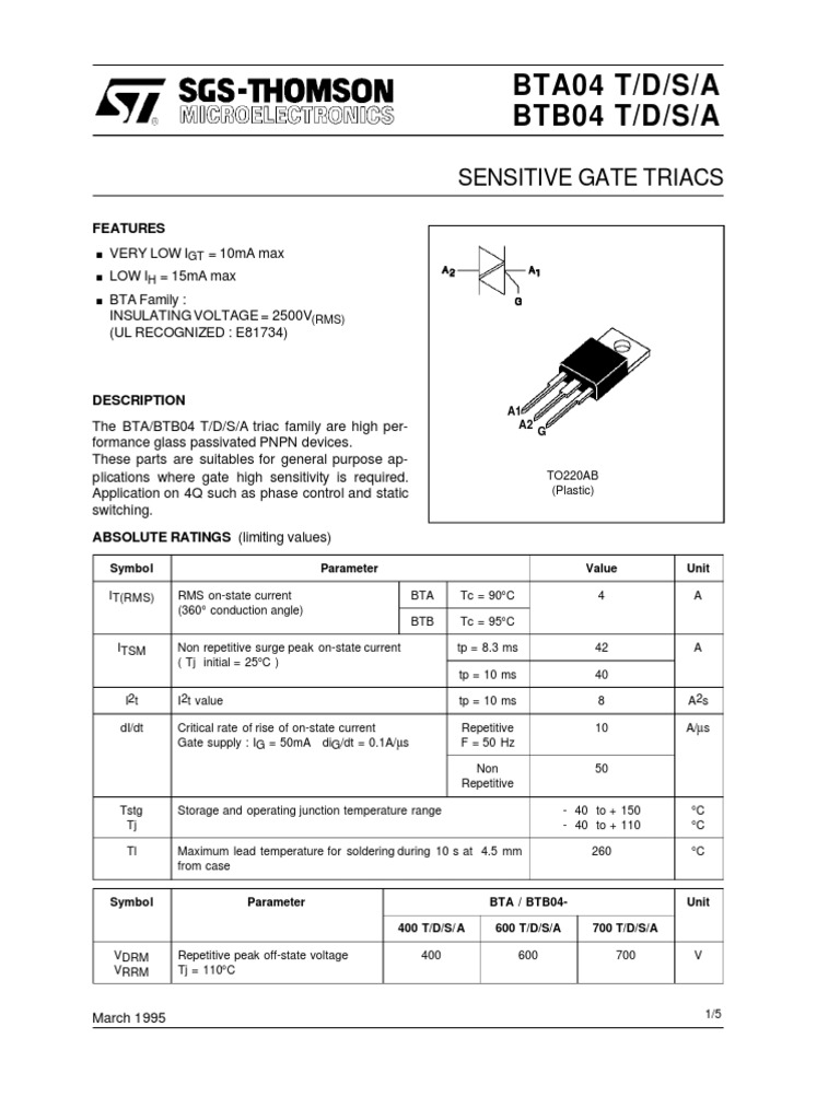 BTA04 T/D/S/A BTB04 T/D/S/A: Sensitive Gate Triacs | PDF | Electrical ...