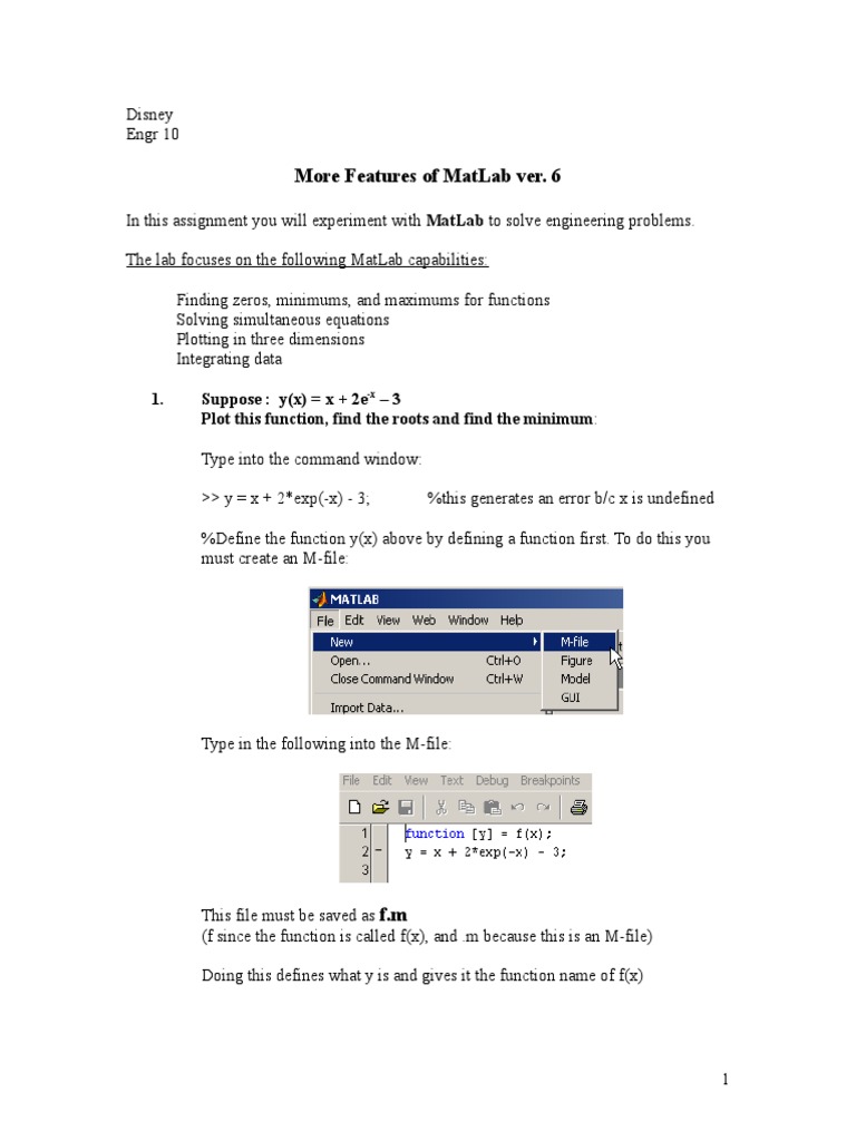 More Features of Matlab Ver. 6: 1. Suppose: Y (X) X + 2E - 3 Plot This ...