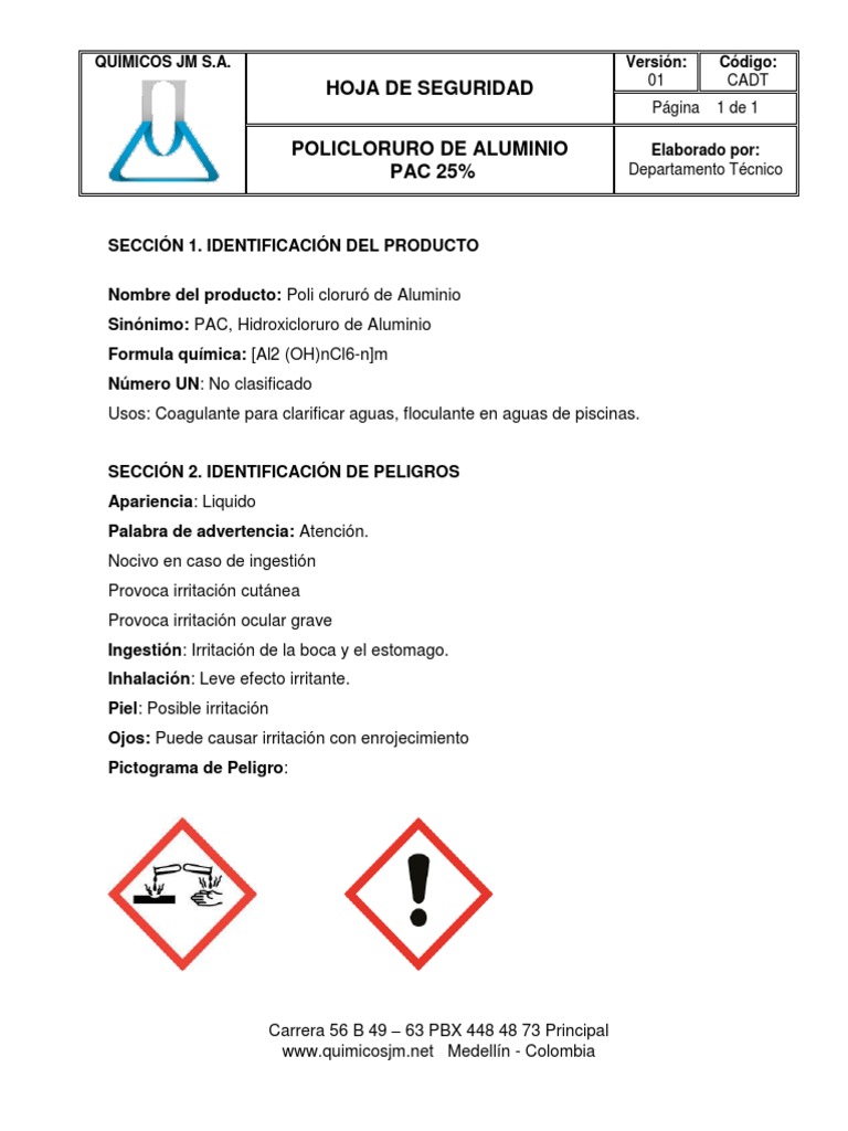 Hoja de Seguridad PAC | PDF | Aluminio | Cloro