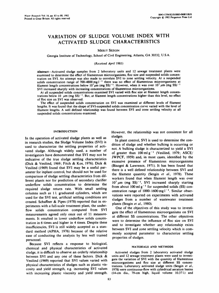 Variation of Sludge Volume Index With Activated Sludge Characteristics ...