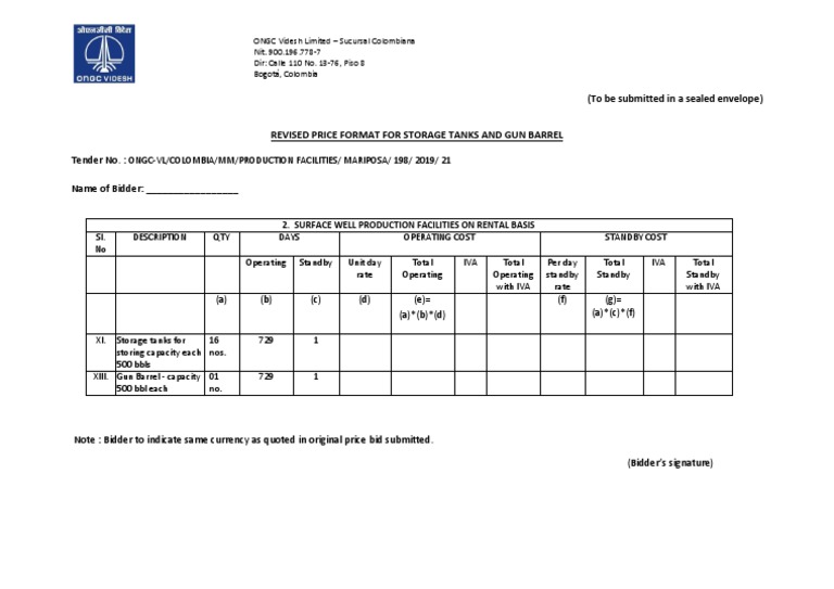Revised Price Format For Storage Tanks and Gun Barrel | PDF