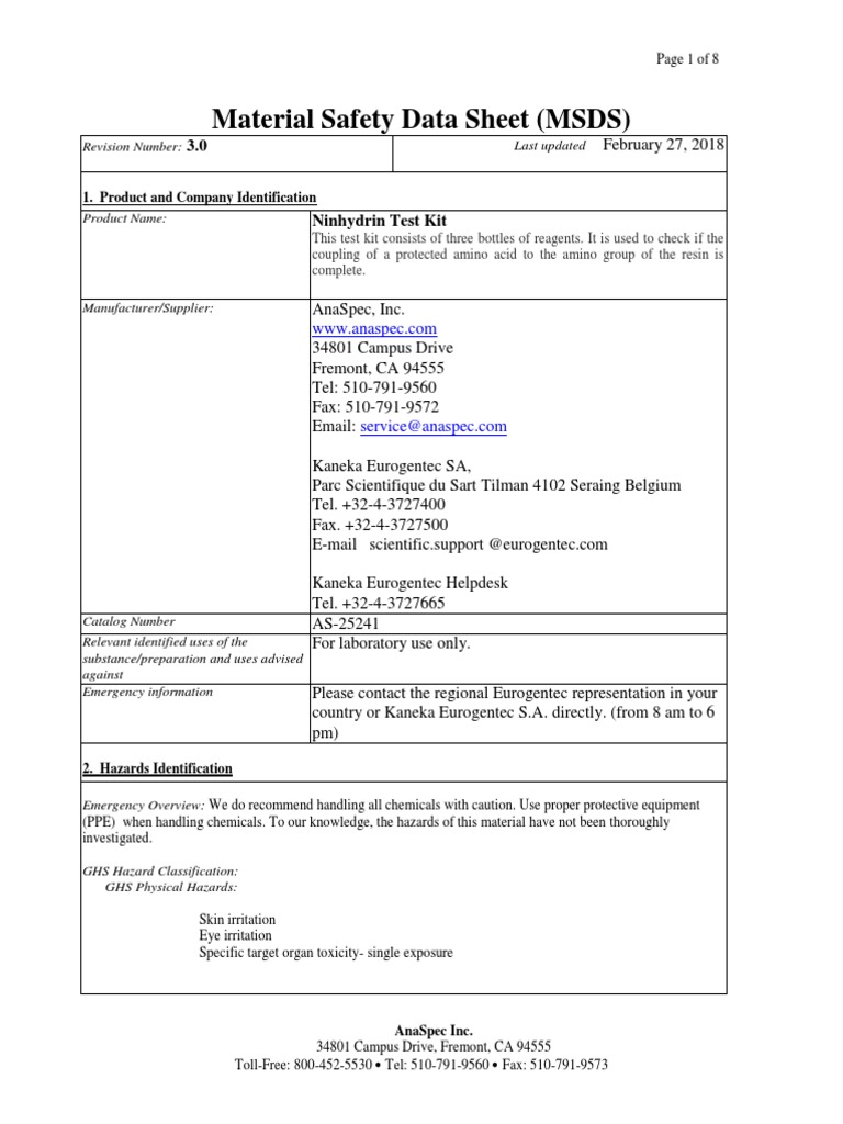 Material Safety Data Sheet (MSDS) : Ninhydrin Test Kit | PDF | Personal ...