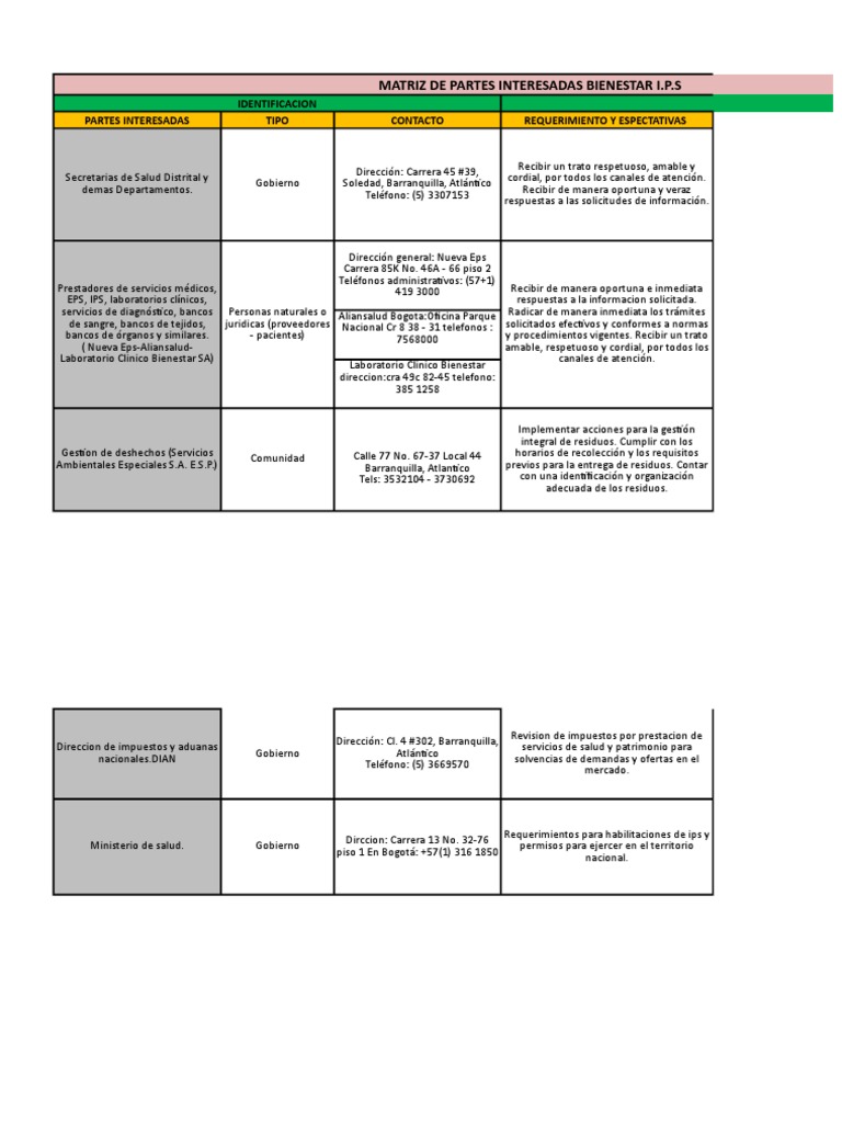 Matriz de Partes Interesadas de La Empresa Bienestar Ips Sector Salud ...