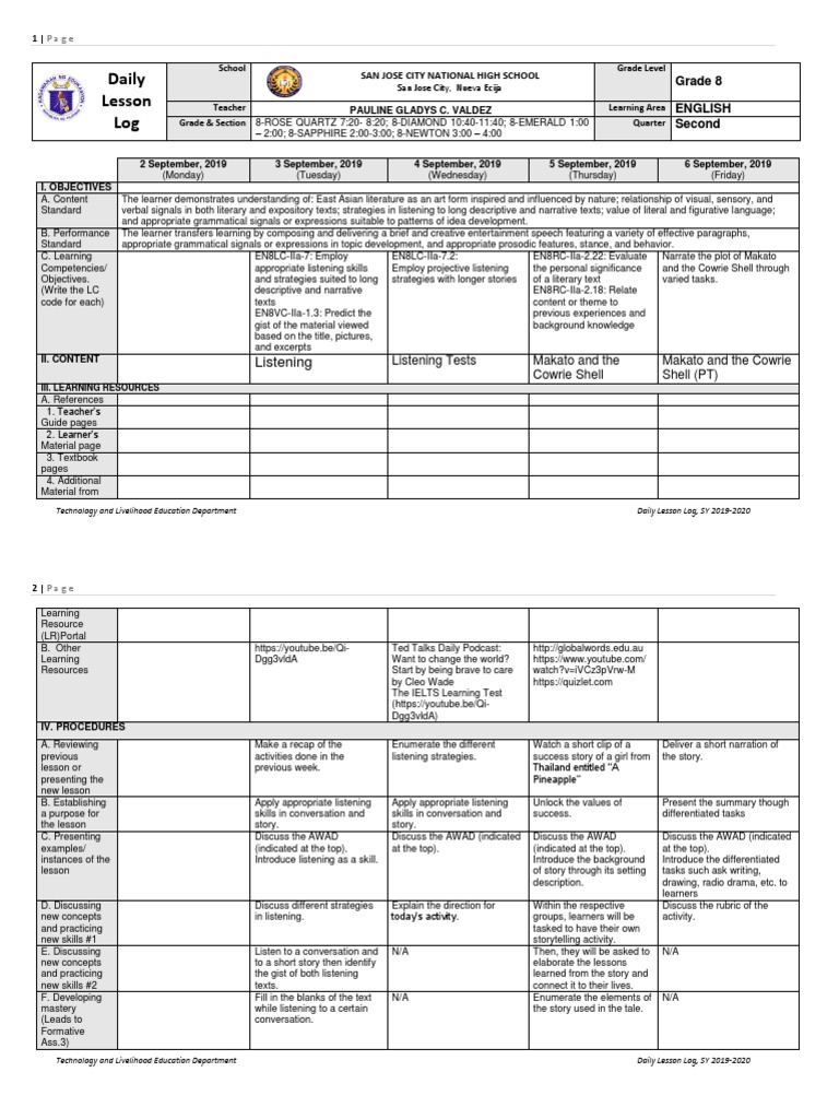 DLL For Grade 8 English | PDF | Storytelling | Learning
