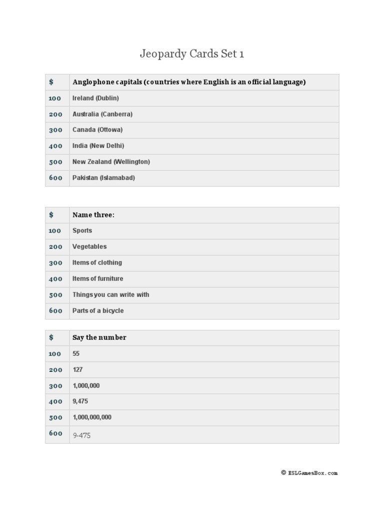 ESL Jeopardy Game Questions Set 1 | PDF
