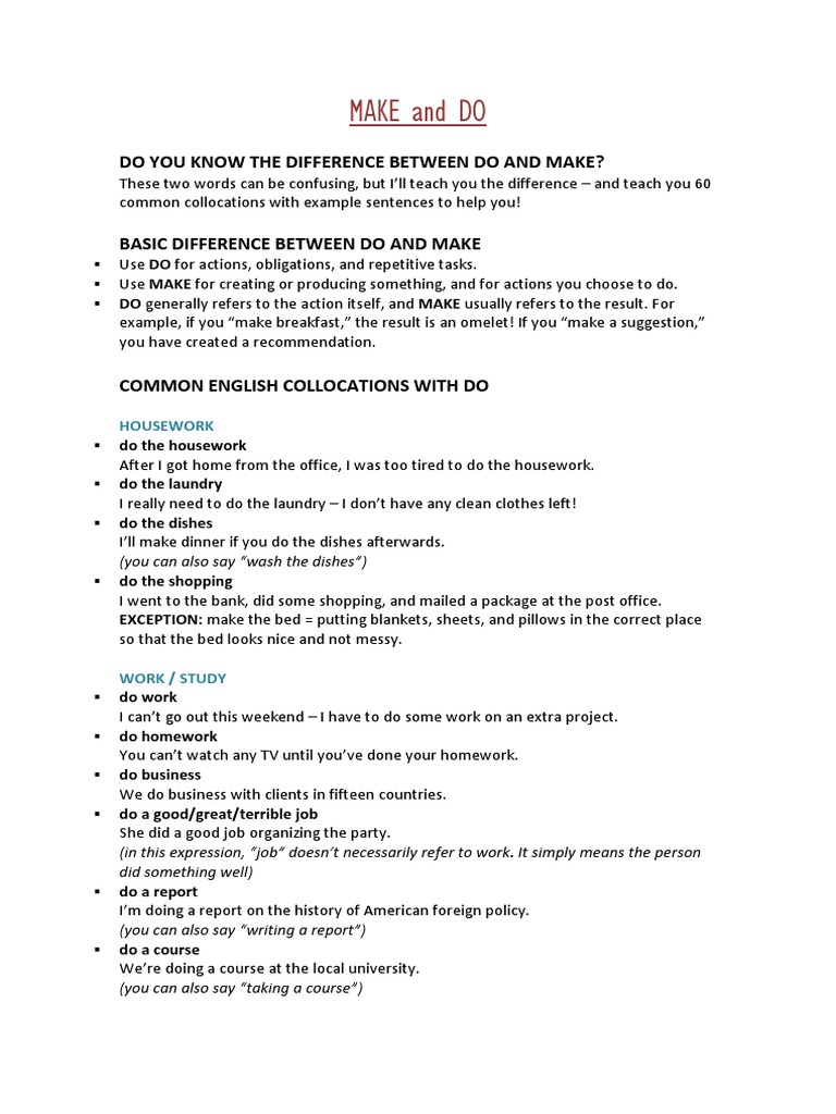 English Collocations: Do vs. Make | PDF | Self-Improvement | Wellness