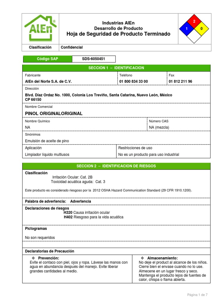 HOJA DE SEGURIDAD PINOL ALEN MSDS | Dióxido de carbono | Agua