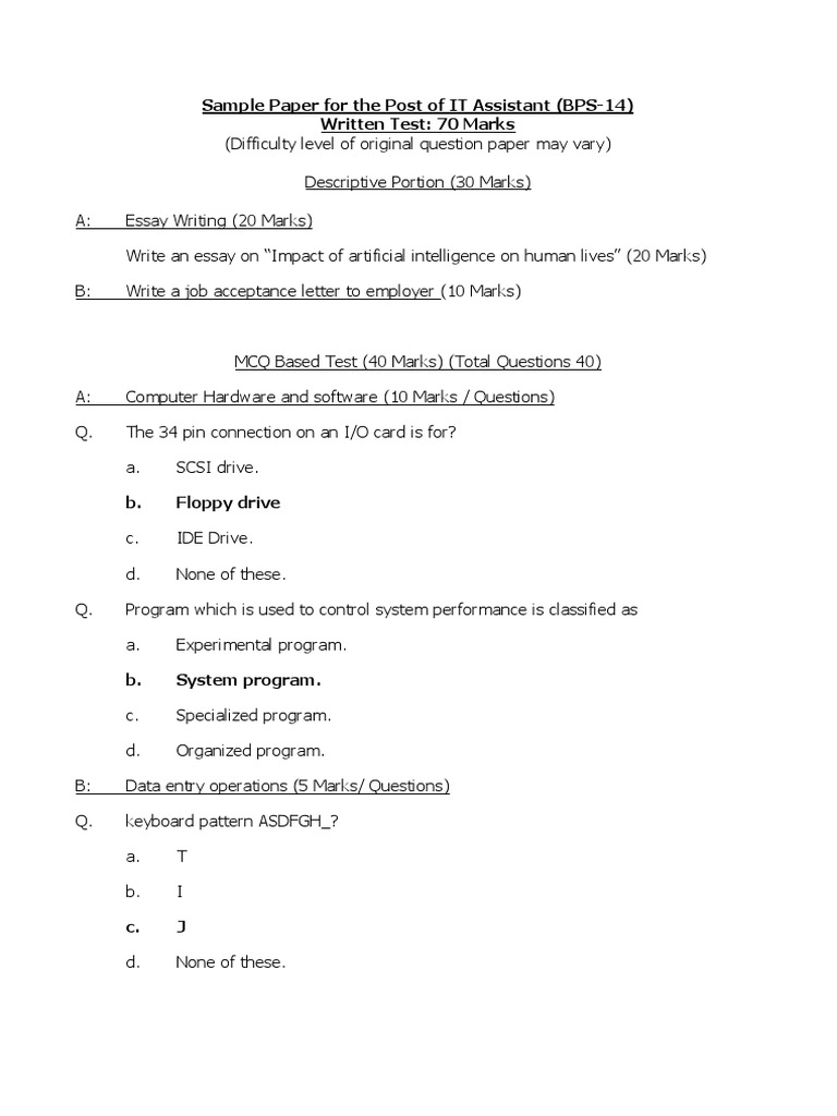 Sample Paper For The Post of IT Assistant (BPS-14) Written Test: 70 ...