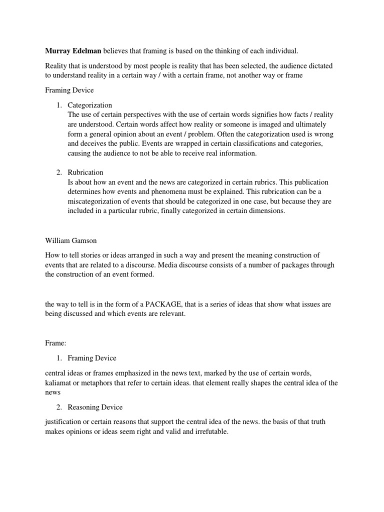 Murray Edelman Believes That Framing Is Based On The Thinking of Each ...