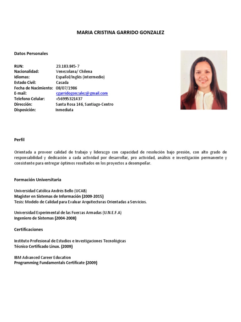 Curriculum Vitae María Cristina Garrido Gonzalez V1-16-08-2019 | PDF | Oracle Corporation | Base ...