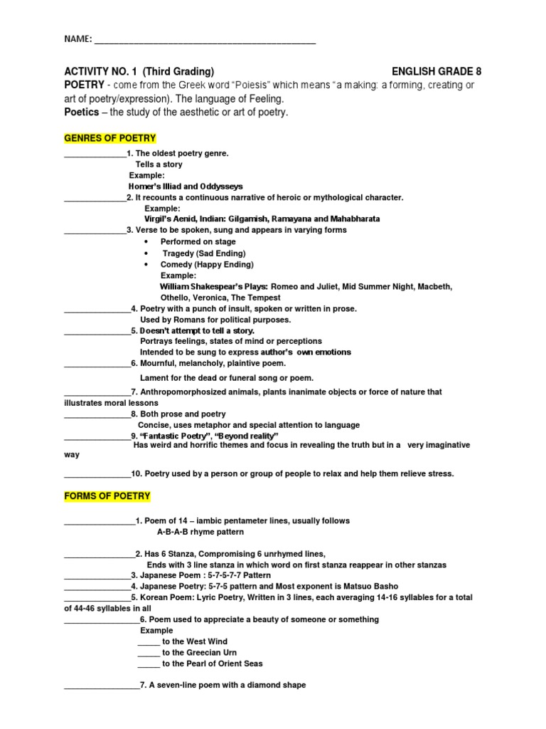 ACTIVITY NO. 1 (Third Grading) English Grade 8 Poetry - Poetics | PDF ...