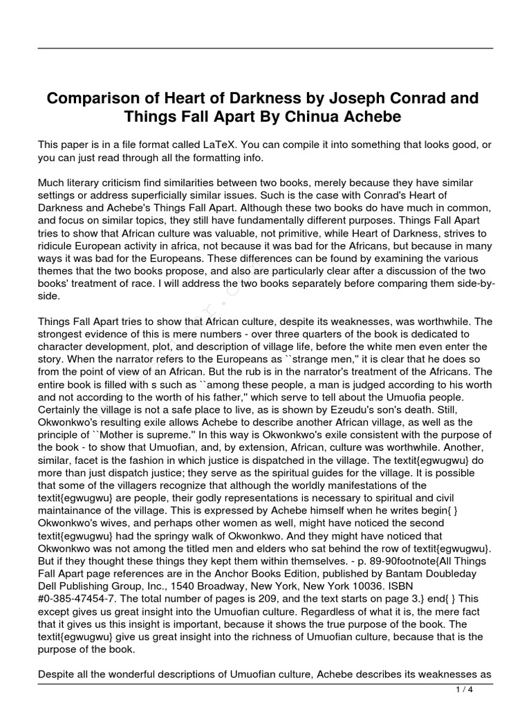 Comparison of Heart of Darkness by Joseph Conrad and Things Fall Apart ...