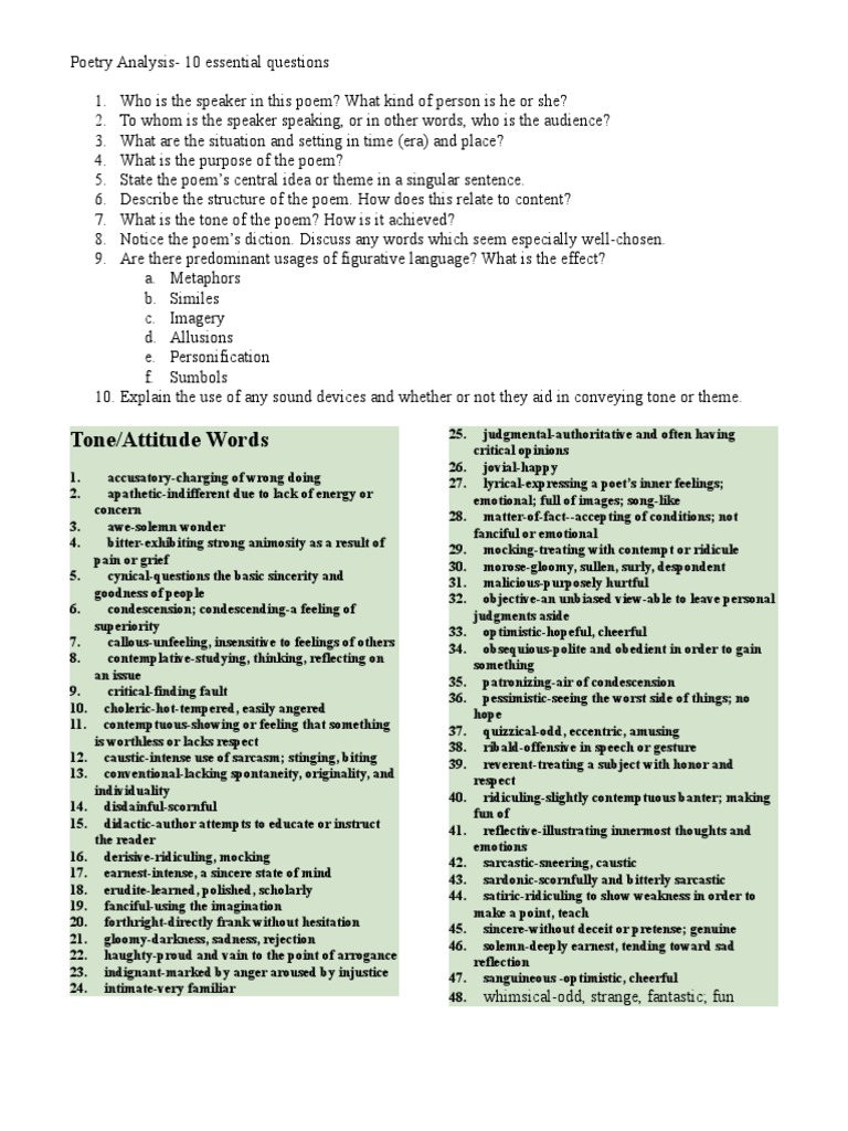 Poetry Analysis 10 Questions | PDF | Poetry | Emotions