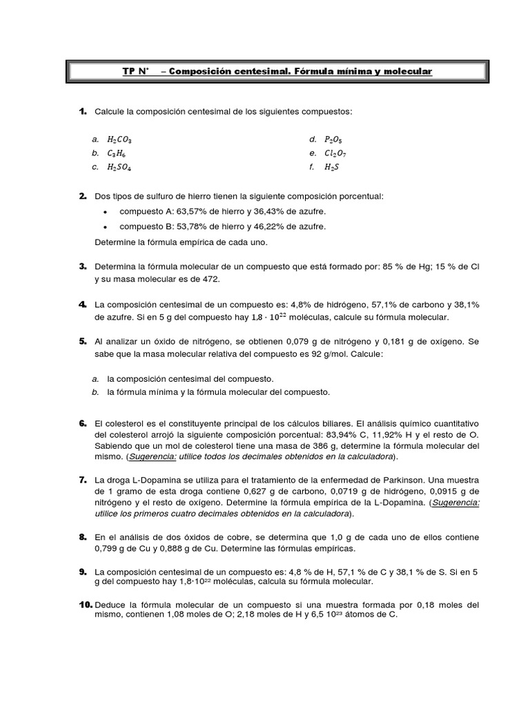 TP Composición Centesimal. Fórmula Mínima y Molecular | PDF | Mole ...
