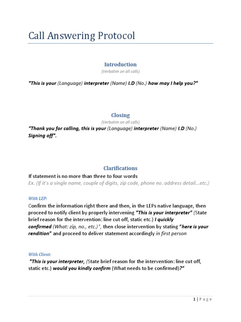 Call Answering Protocol: Ex. (If It's A Single Name, Couple of Digits ...