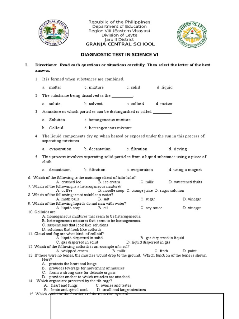 Diagnostic Test in Science VI | PDF | Human Body | Solution