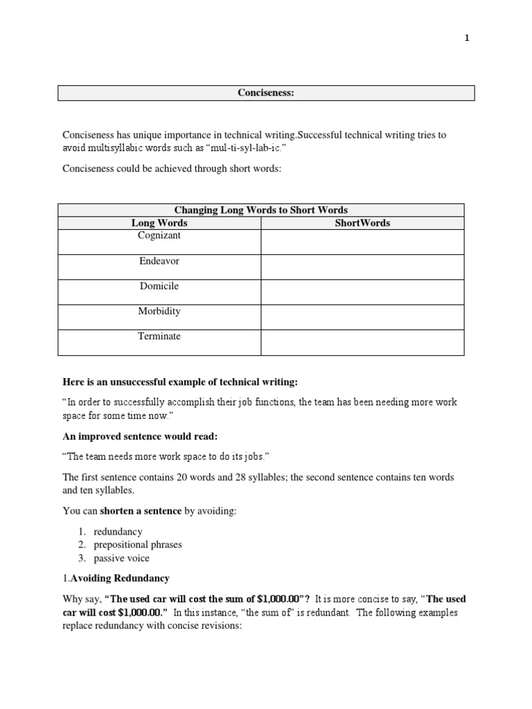 Activities For Clarity and Conciseness of Technical Documents | PDF ...