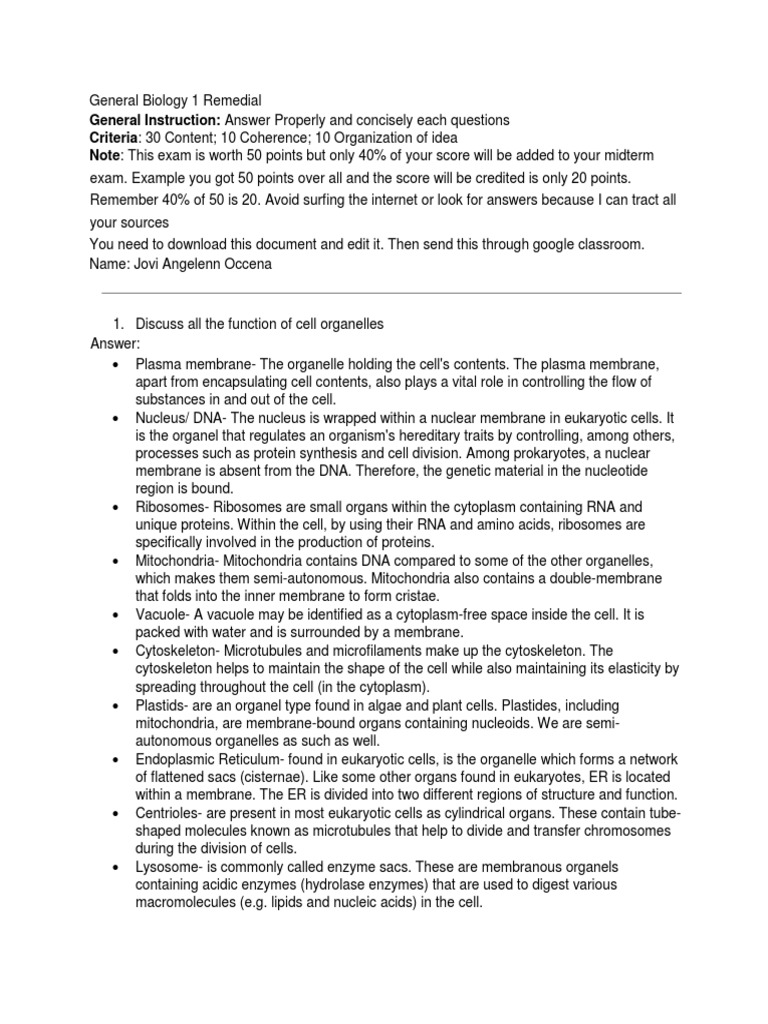 General Biology 1 Remedial Exam Guide | PDF | Endoplasmic Reticulum ...
