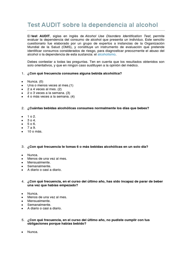 Test AUDIT Dependencia Alcohol | PDF | Bebidas | Salud y bienestar