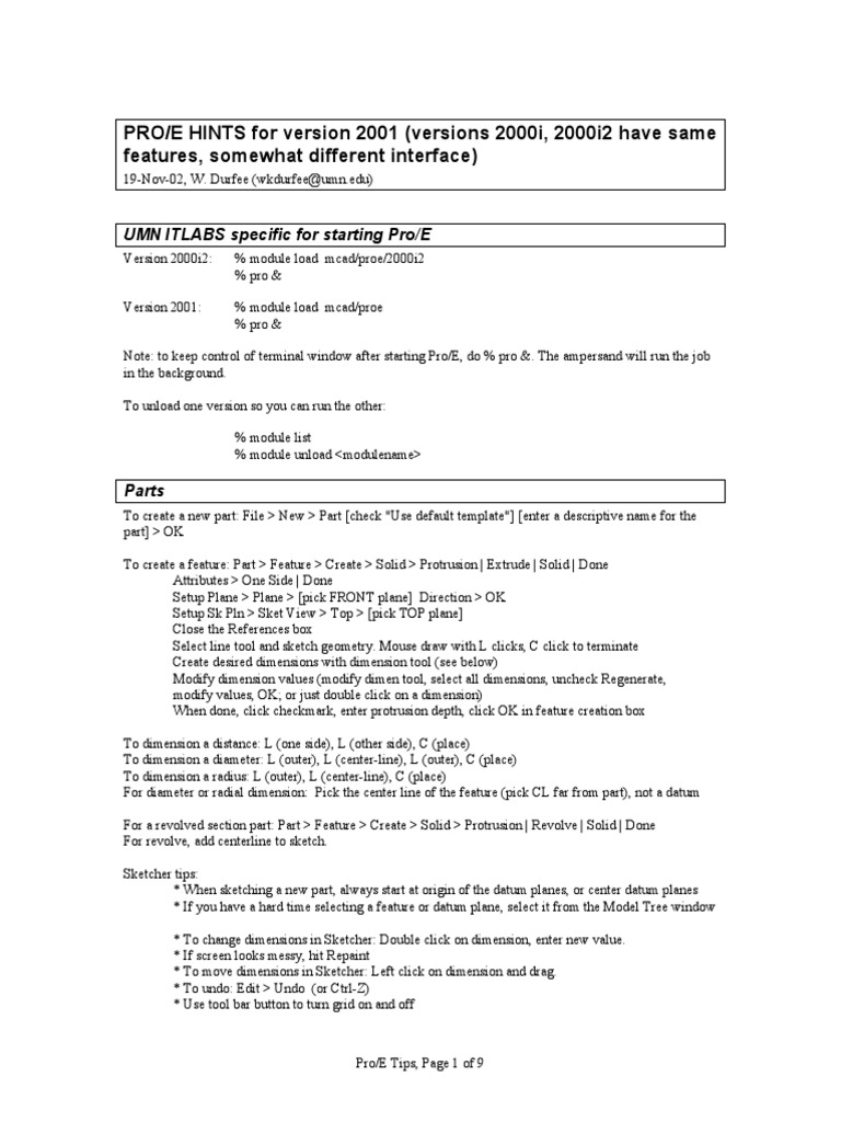 PRO/E HINTS For Version 2001 (Versions 2000i, 2000i2 Have Same Features ...