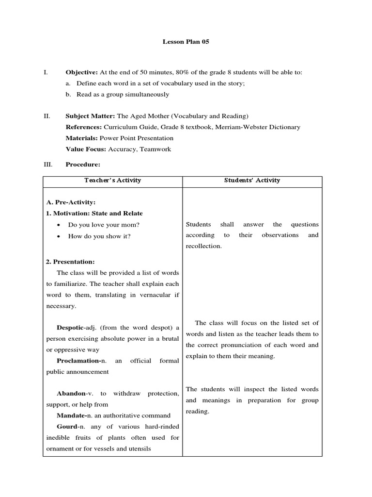 Lesson Plan 05 - Aged Mother | PDF | Vocabulary | Lesson Plan