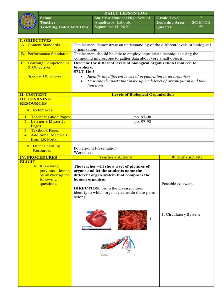 Daily Lesson Log School Grade Level Teacher Learning Area Teaching ...