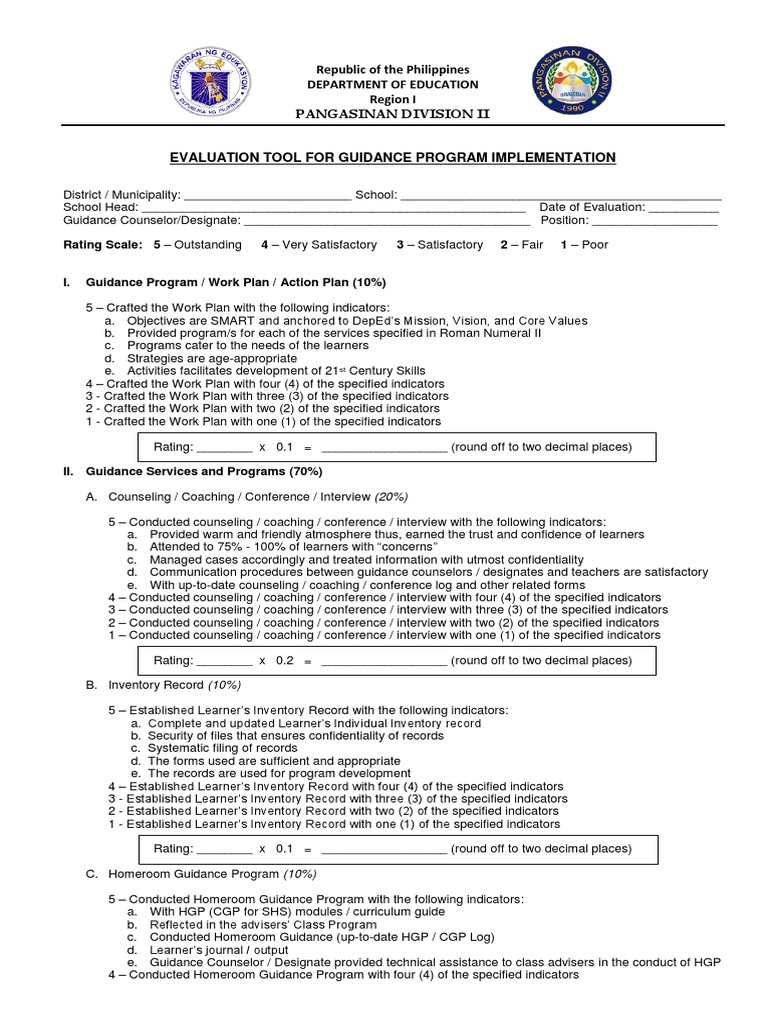 Guidance Evaluation Tool1 | PDF | School Counselor | Learning