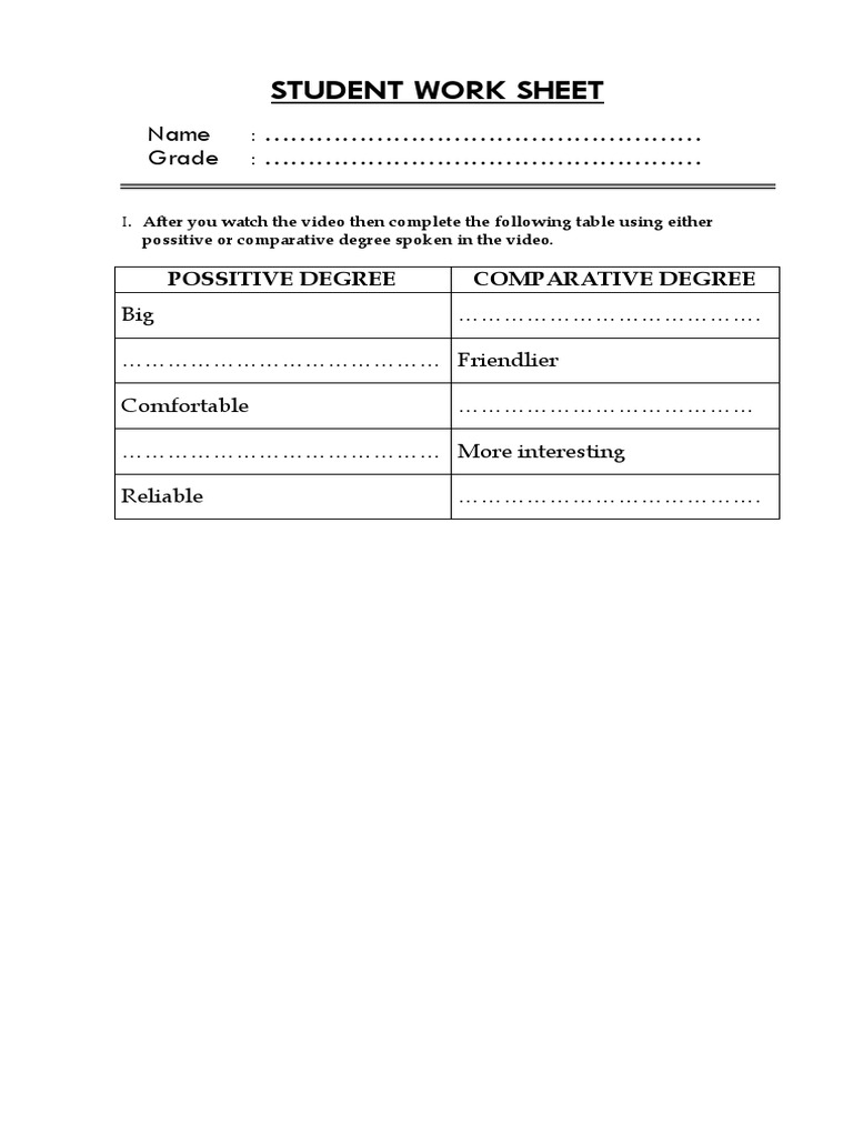 Student Work Sheet: Name: Grade | PDF