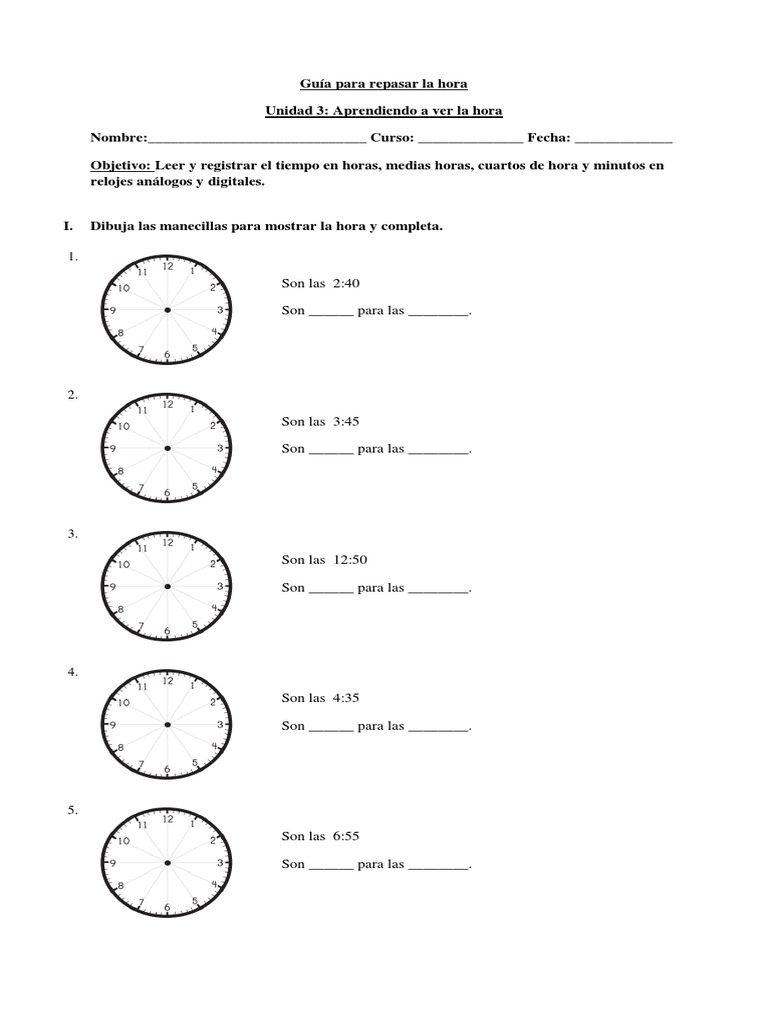Guía para aprender la hora 3° básico | PDF | Reloj | Horología