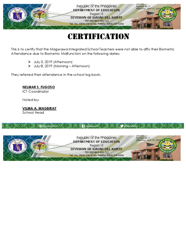 Certification: Department of Education Division of Davao Del Norte | PDF