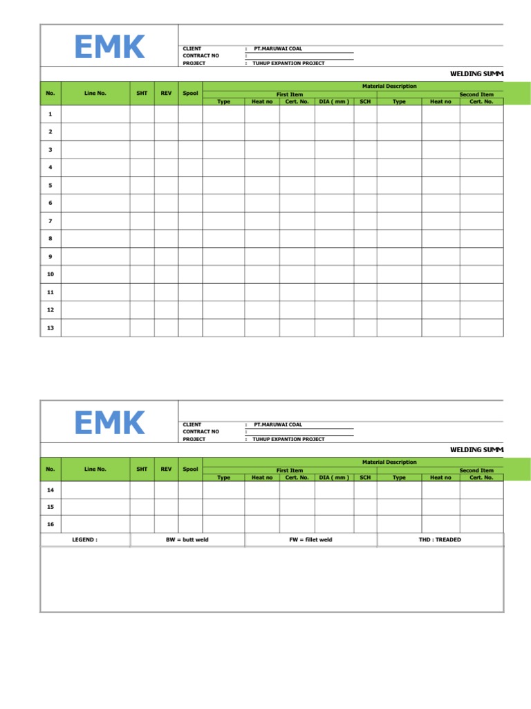 Form Welding Summary and Material Traceability Record - Piping Tuhup ...