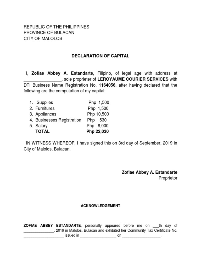 Declaration of Capital for Business | PDF