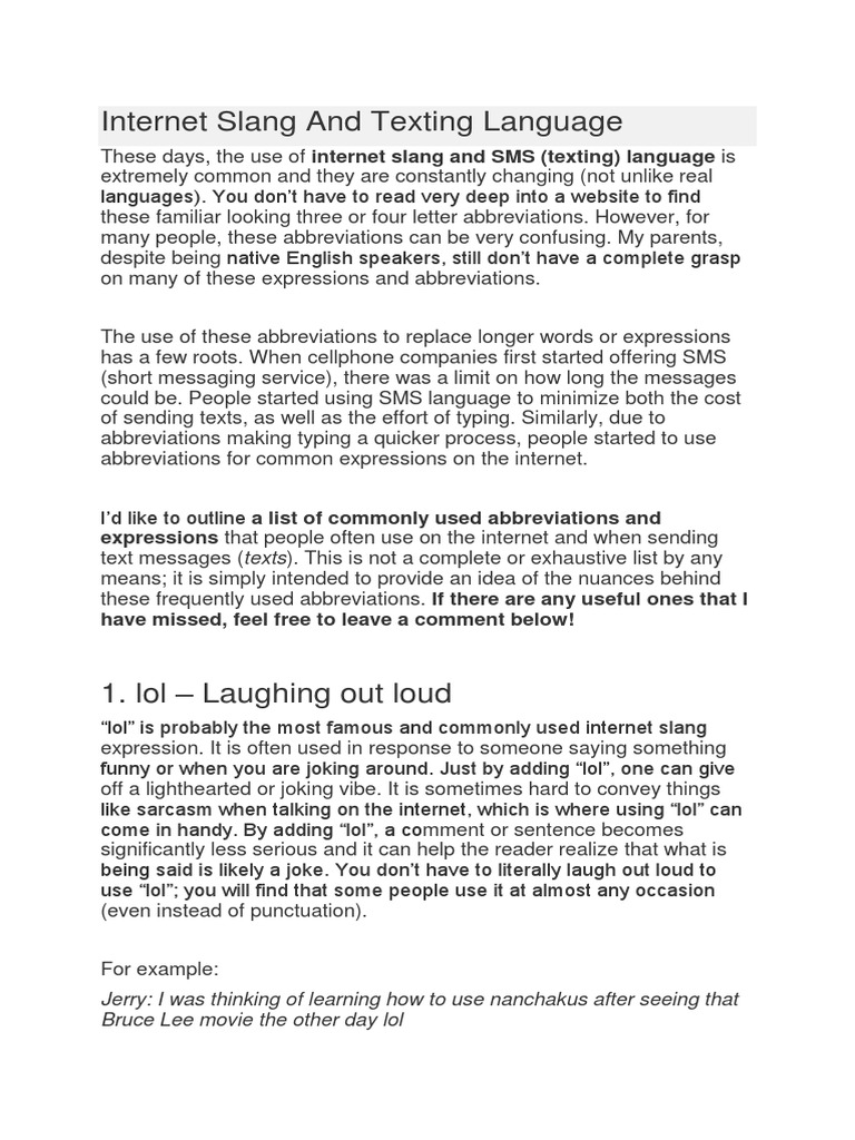Internet Slang and SMS (Texting) Language | PDF | Text Messaging | Grammar