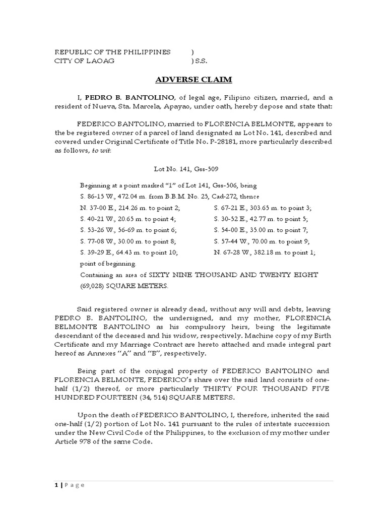 Affidavit of Adverse Claim - Bantolino | PDF | Identity Document ...