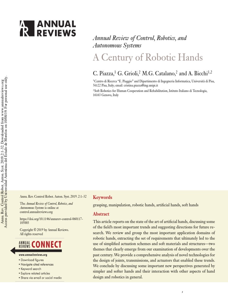 A Century of Robotic Hands: Annual Review of Control, Robotics, and ...
